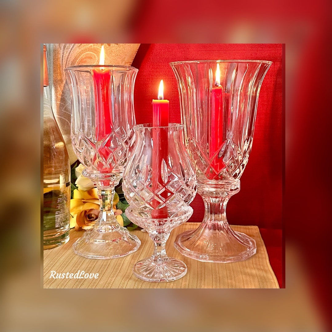 Vintage Glass Hurricane Candle Holder Set, Mixed Pattern Candlesticks ...