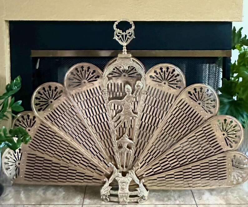 Vintage Art Deco Brass Fireplace Screen: Peacock Fan, Dragon Handle - Etsy