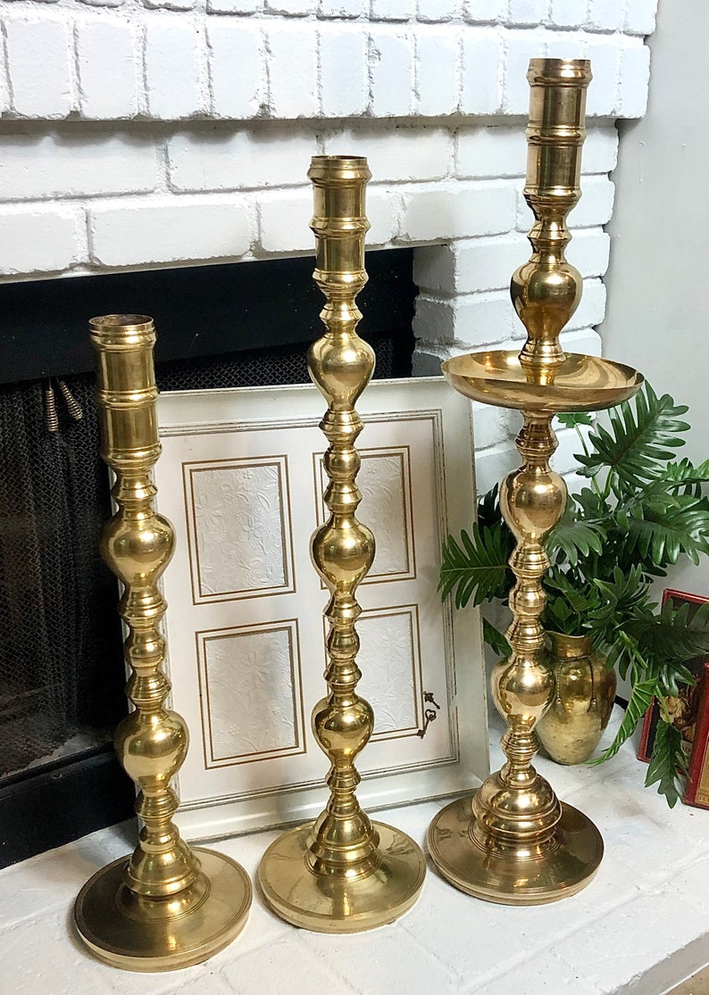 Brass Floor Candlesticks / Moroccan Large Candle Sticks / Vintage Altar ...
