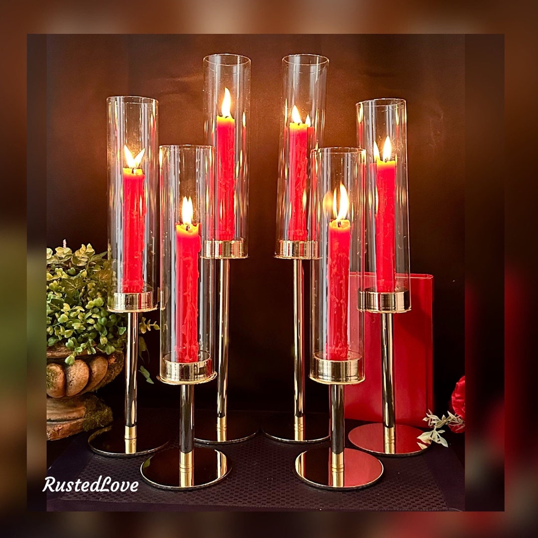 Gold Candle Holders & Glass Hurricanes / Centerpiece Candlesticks Set ...