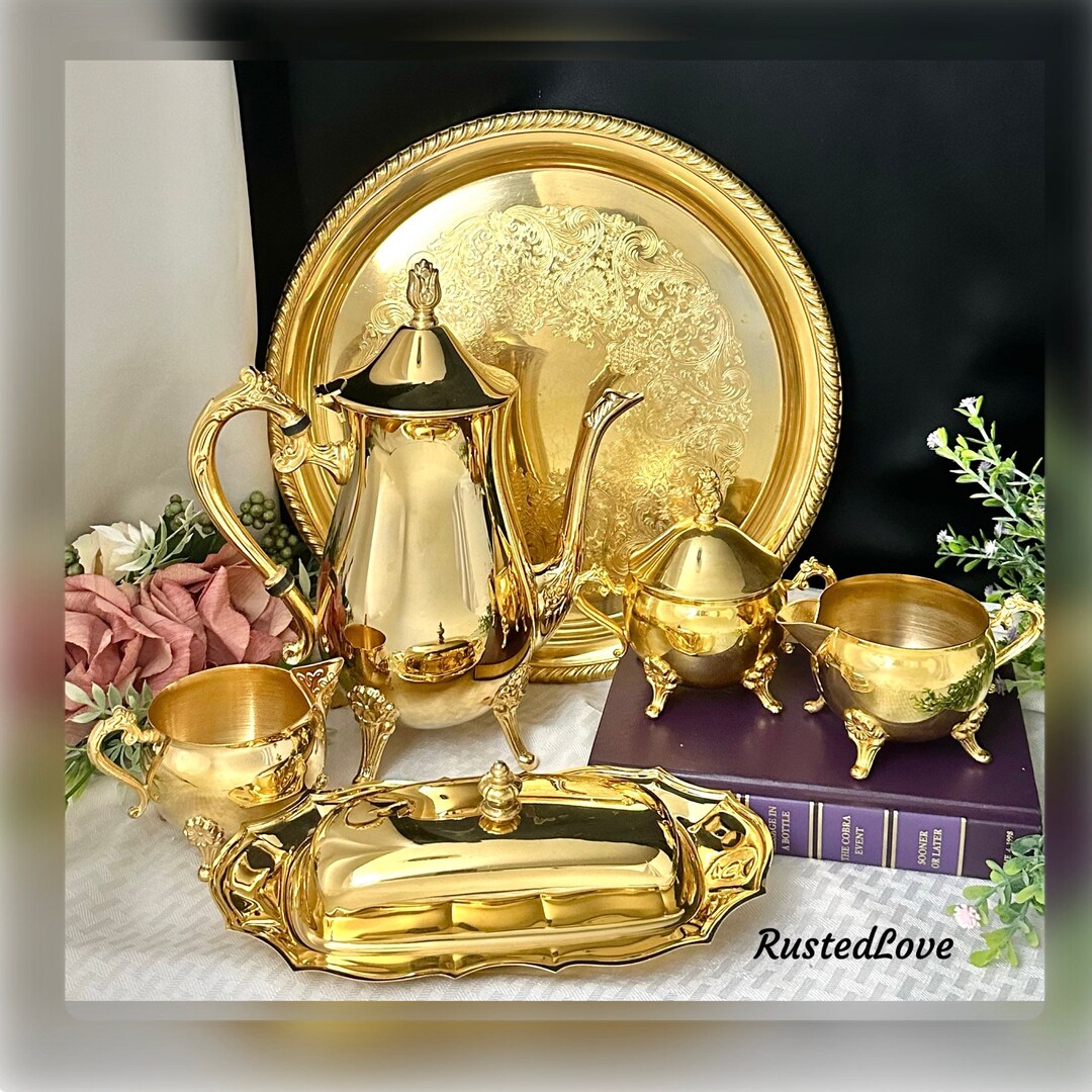 Gold Electroplated Tea Set With Tray International Silver Gold Tea Set With Gold Butter Dish