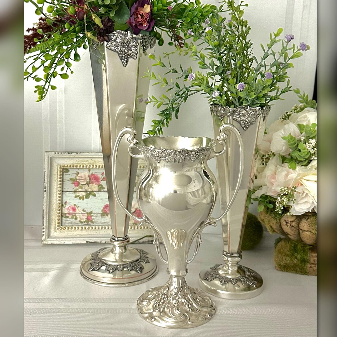 Vintage Silver Plated Vases / Vintage Grape Decorated Vases / Victorian ...