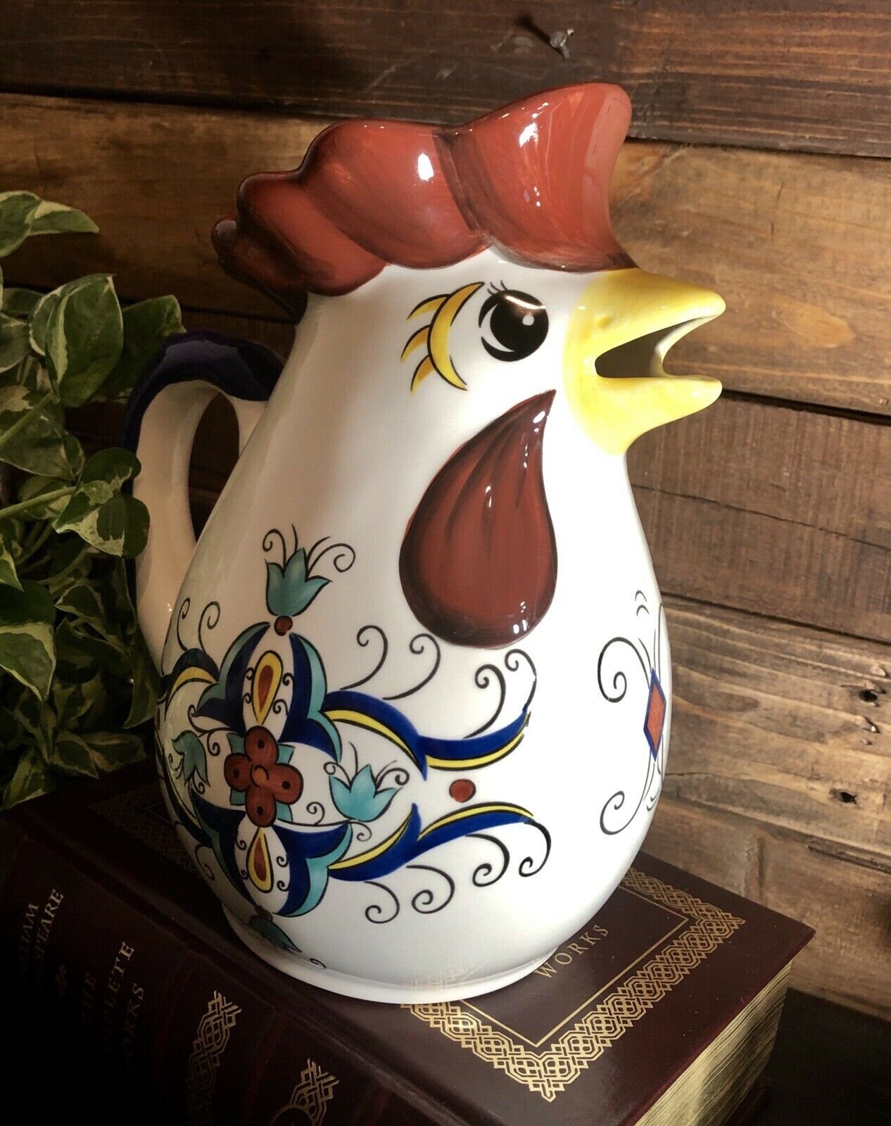 Hand Crafted Pier 1 SAN MARINO Rooster Pitcher Red Blue Yellow Scrolls ...