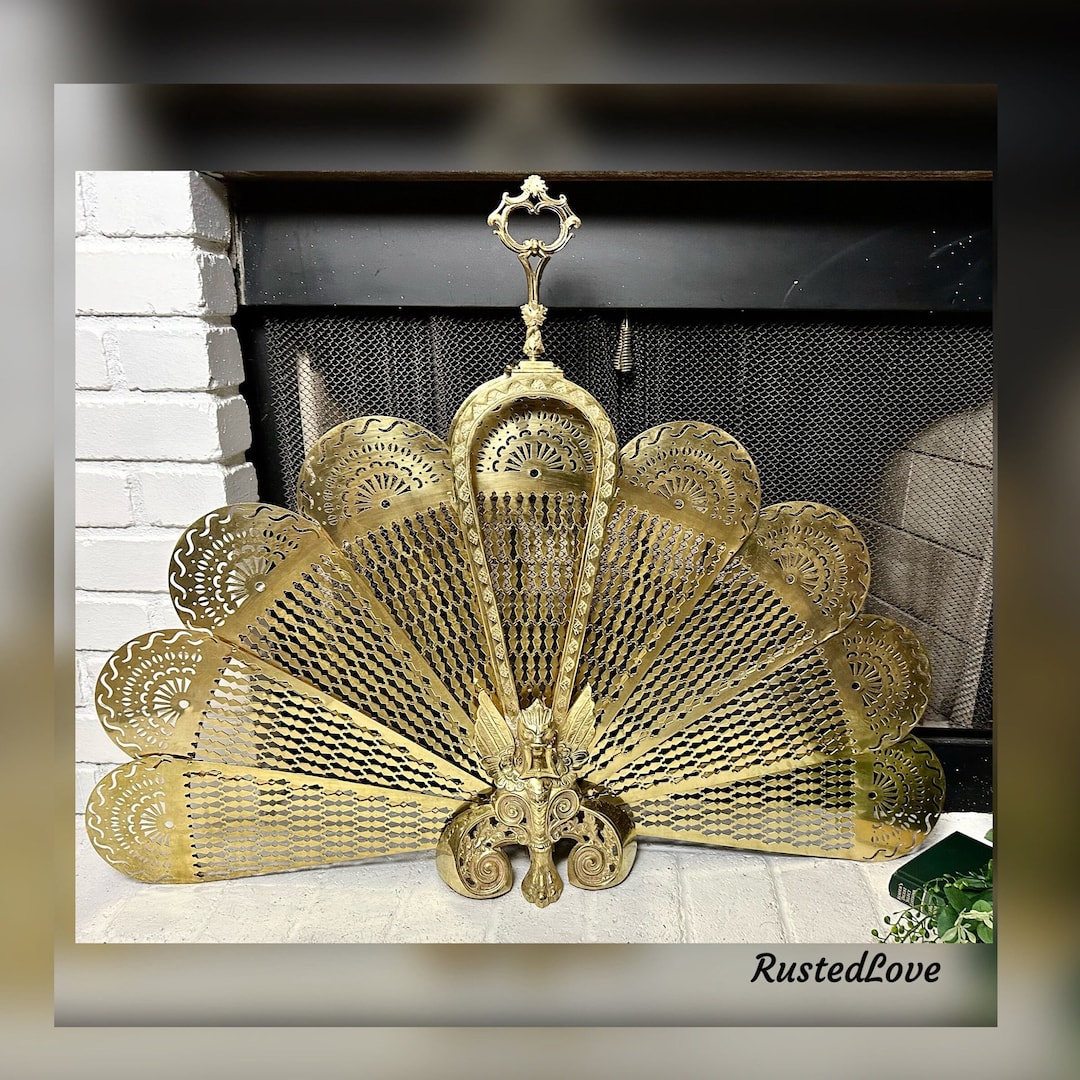 Antique Gargoyle Brass Fireplace Screen / Fireplace Brass Peacock ...