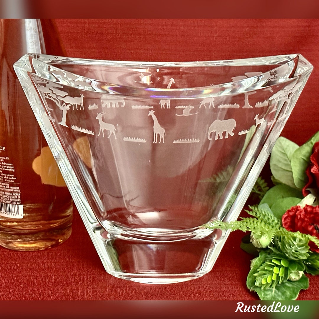 Vintage Etched Vase / Etched Animals / Glass Crystal / Vintage Flower ...