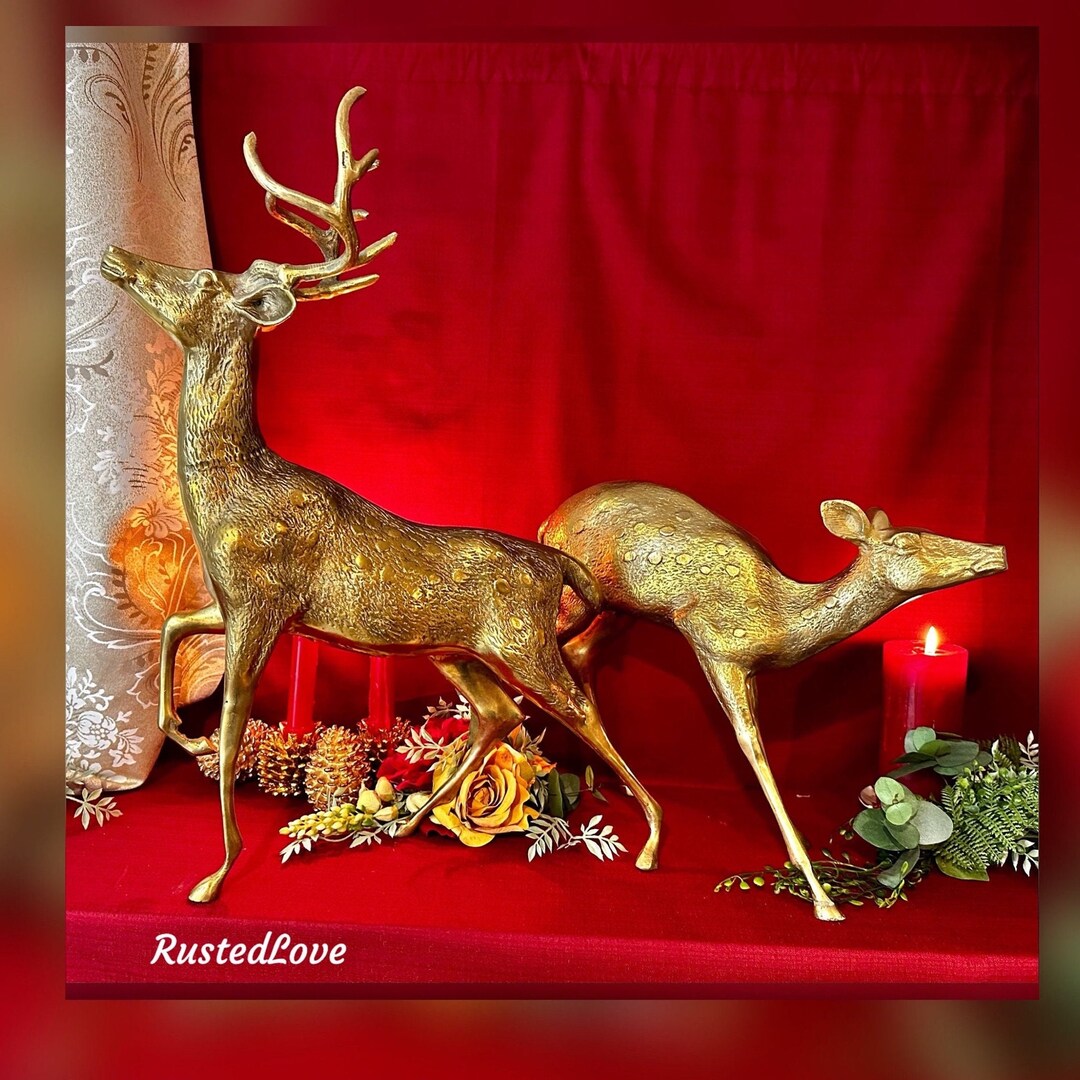 Vintage Brass Deer Figurines, MCM Christmas Reindeer Statues - Etsy