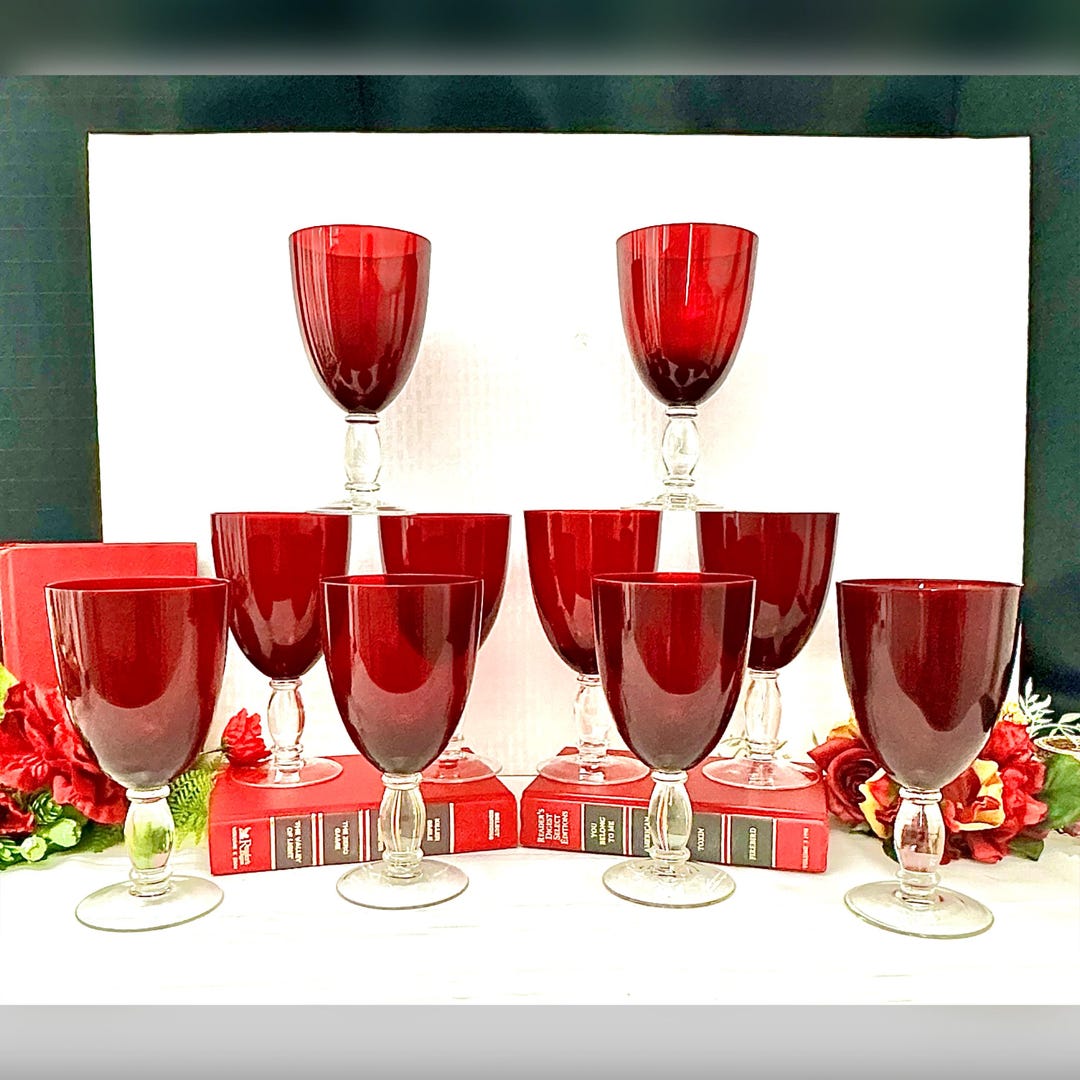 Set of Ruby Red Goblets / Blown Glass Ruby Red Wine Glasses / Red Water ...