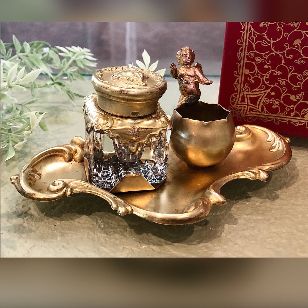 Vintage Ink Well / Brass Ink Well / Crystal Lidded Jar / Cherub Angel ...