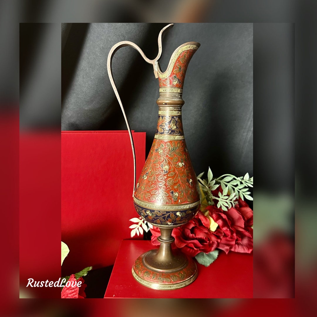 Vintage Brass Ewer: Red Enamel Pitcher, Crafted in India - Etsy
