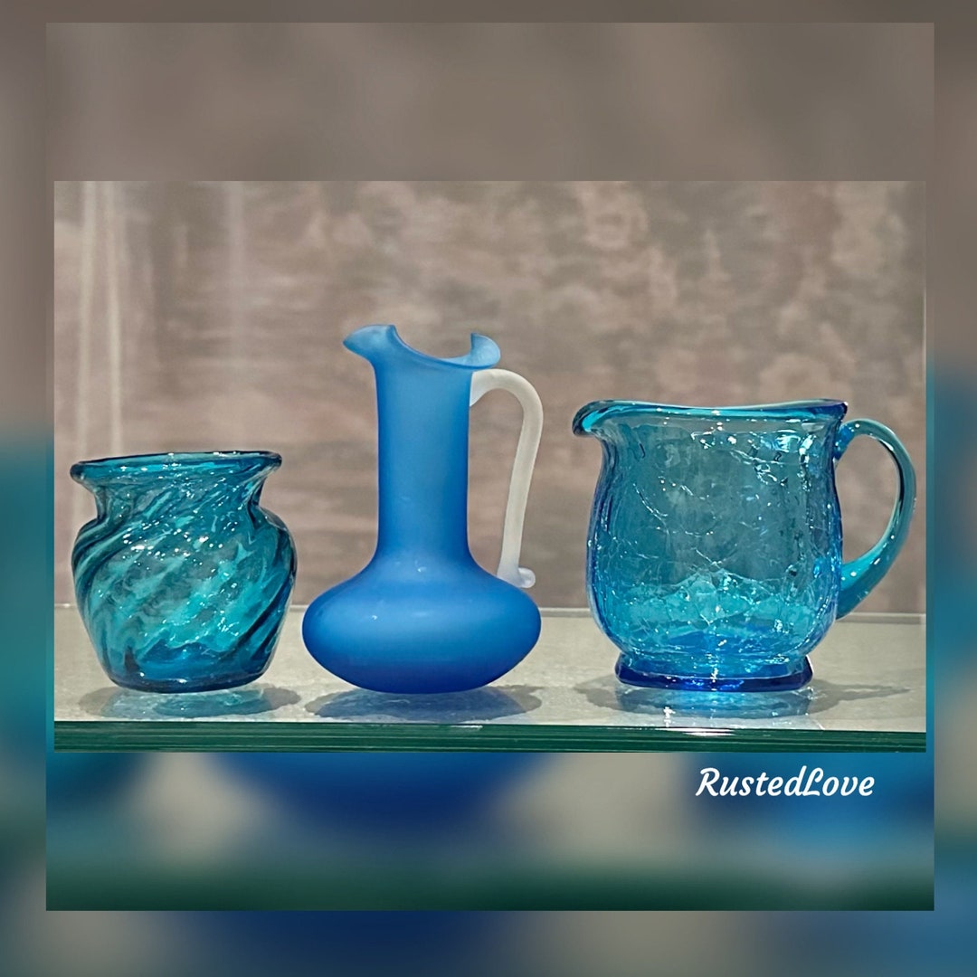Vintage Blue Crackle Glass Mini Pitchers / HAND Blown Set of 3 - Etsy