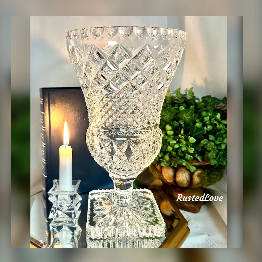Large Bohemia Pedestal Vase / Vintage Clear Bohemia Vase With Square ...