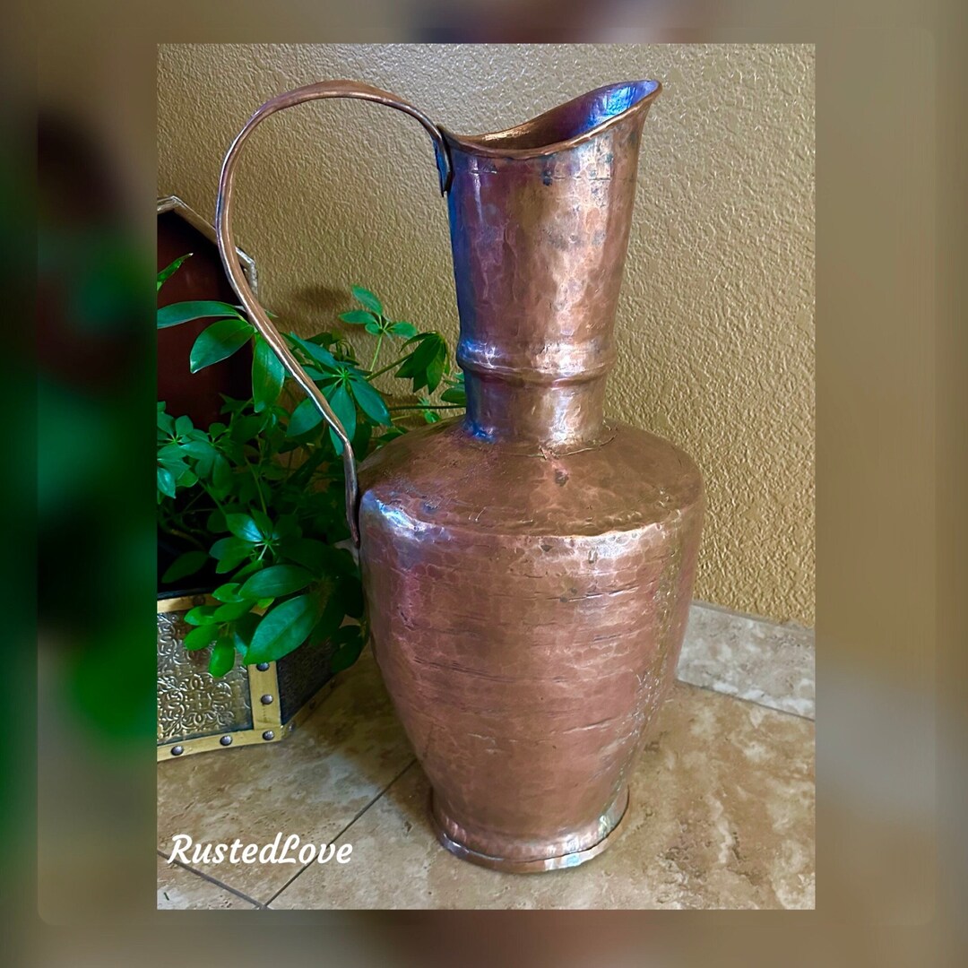 Antique Hand Hammered Copper Pitcher / Large 22" Copper Primitive Urn ...