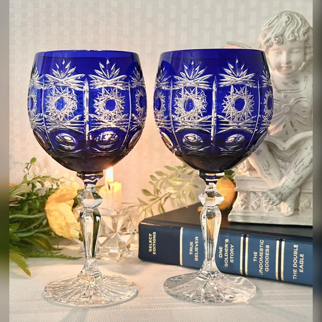 Bohemian Cobalt Blue Wine Glasses / Blue Cut to Clear Wine Glasses ...