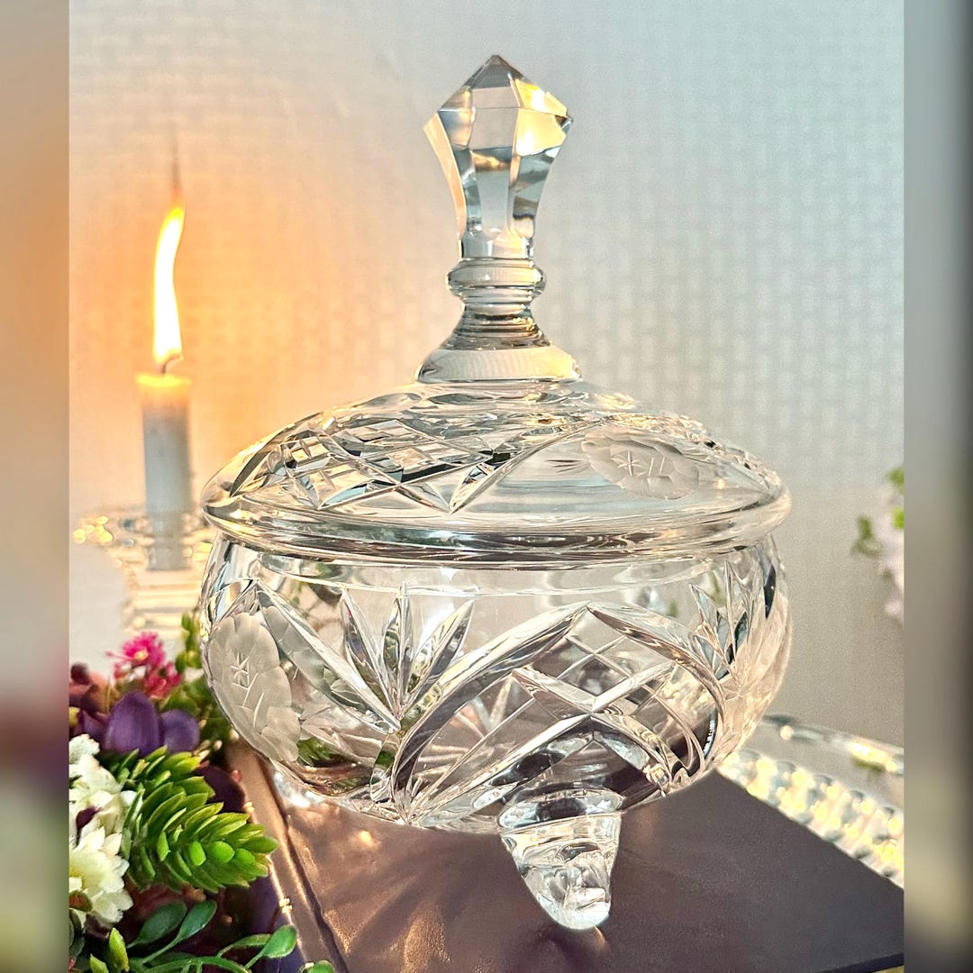 Vintage Cut Crystal Candy Dish With Lid, Footed Trinket Bowl - Etsy