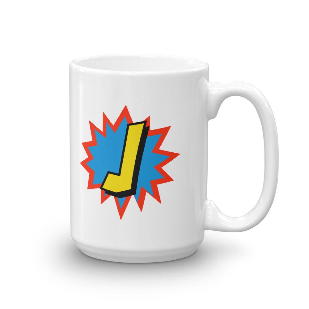 Comic Mug Superhero Gift Letter J Coffee Mug, Travel Mug, Funny Quote ...