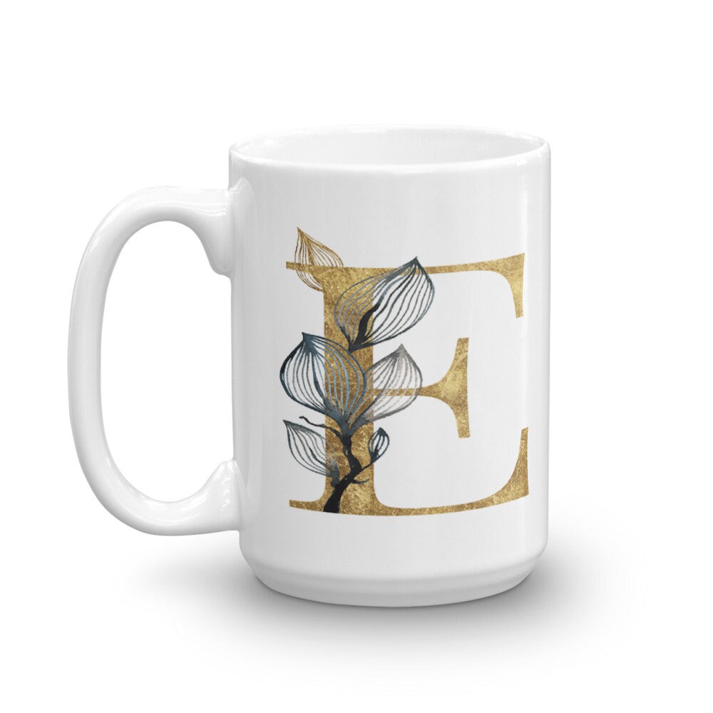 Golden Floral Monogram Letter E Mug, Unique Coffee Mugs, Novelty Coffee ...