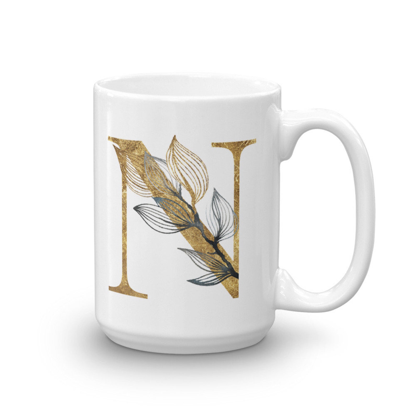 Golden Floral Monogram Letter N Mug, Unique Coffee Mugs, Novelty Coffee ...
