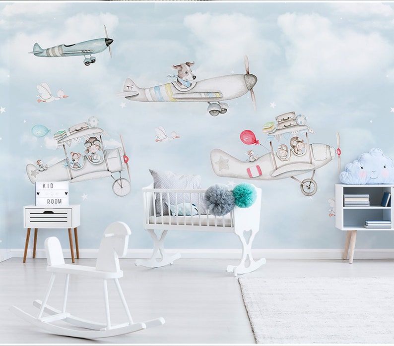 Child Room Plane Cartoon Wallpaper Nursery Wall Mural Baby | Etsy