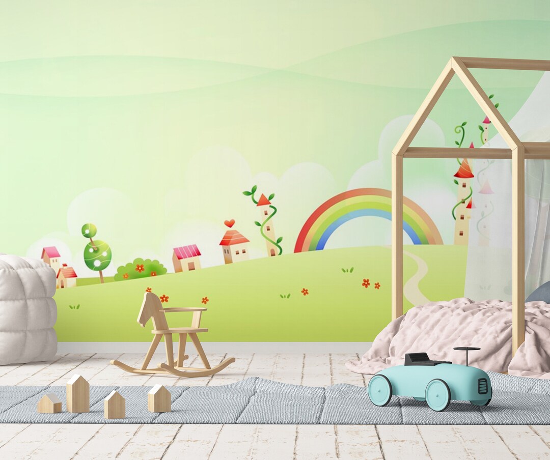 Colorful Child Room Wallpaper Wall Mural, Rainbow in Village Kids Room ...