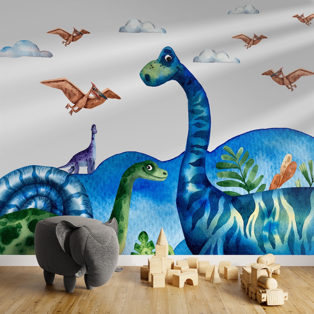 Dinosaur Wallpaper Mural for Kids Room – Blue and Green Watercolor ...