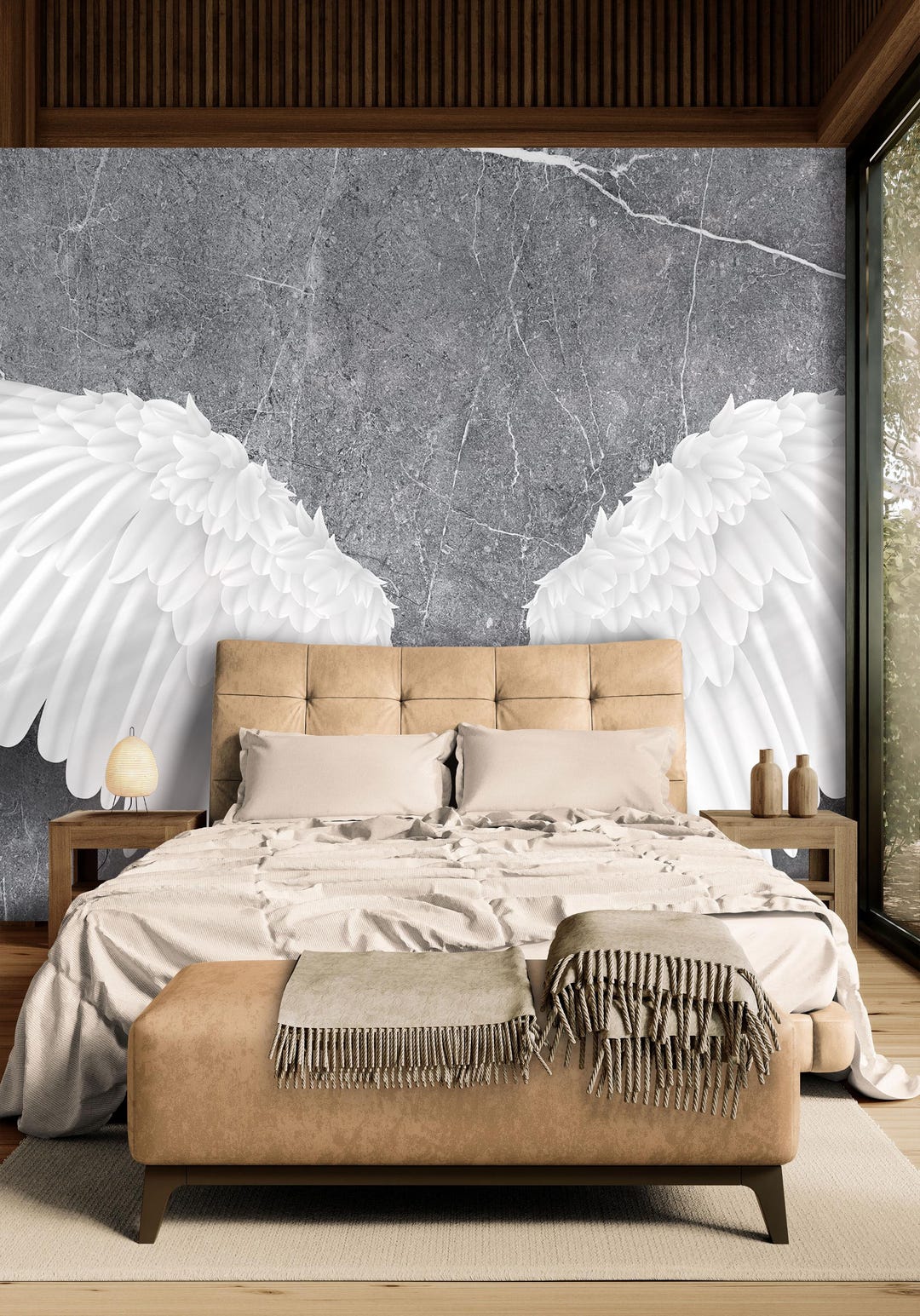White Angel Wings Wall Mural – 3D Effect Wing Art on Marble Background ...