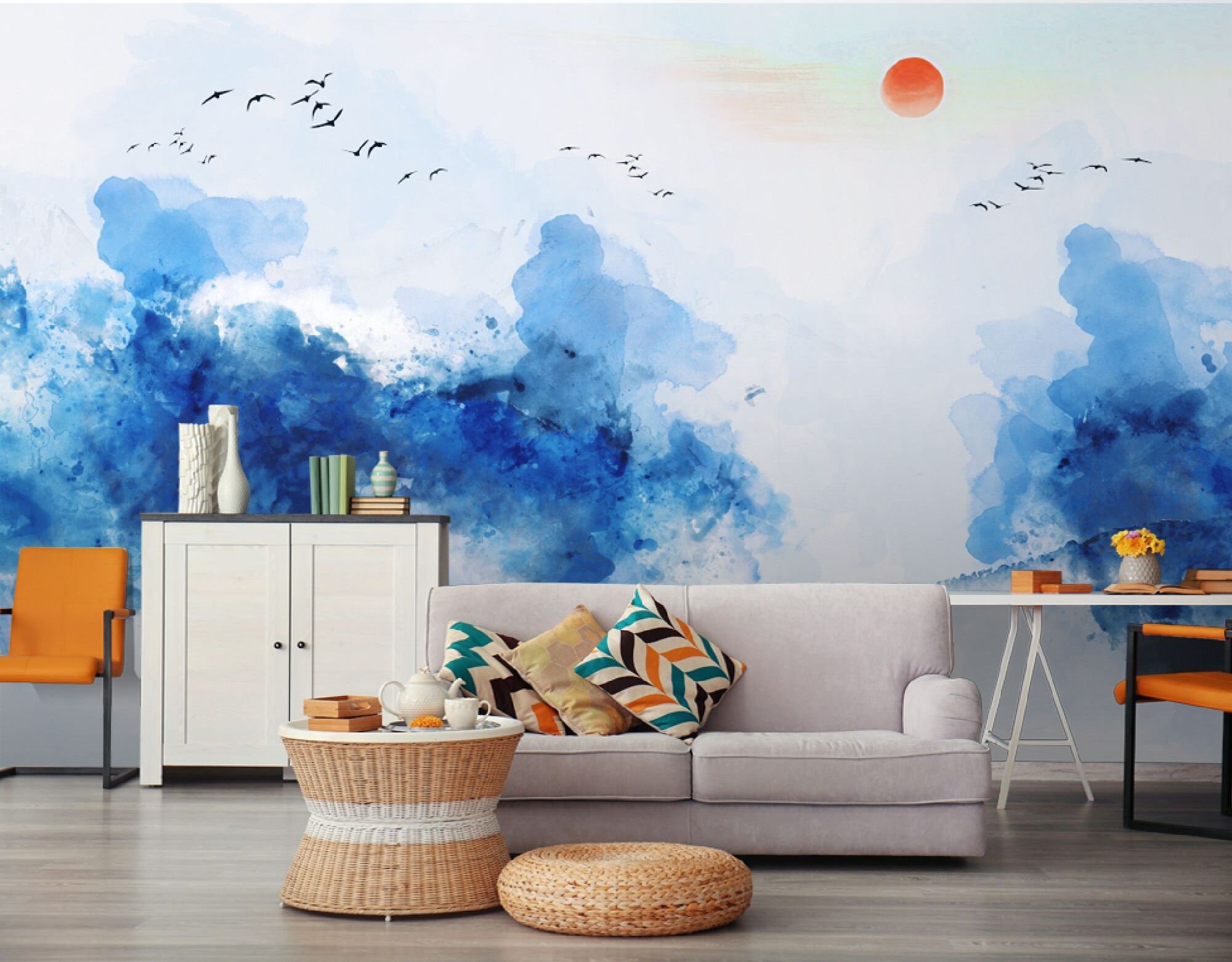Blue Clouds Abstract Wallpaper Wall Mural Fabric Textile - Etsy