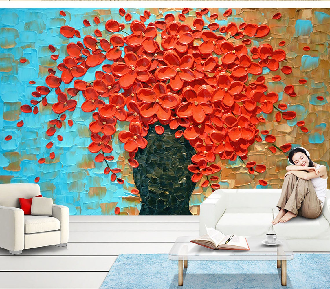 Red Flowers Wallpaper Floral Wall Mural Modern Home Decor for - Etsy