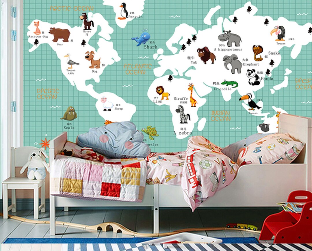 World Map Child Room Wallpaper Nursery Wall Mural Child Room - Etsy