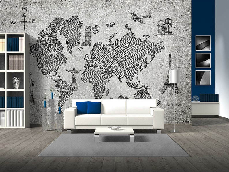 Sketch World Map Wallpaper Hand Painted on Stone Wall Mural | Etsy