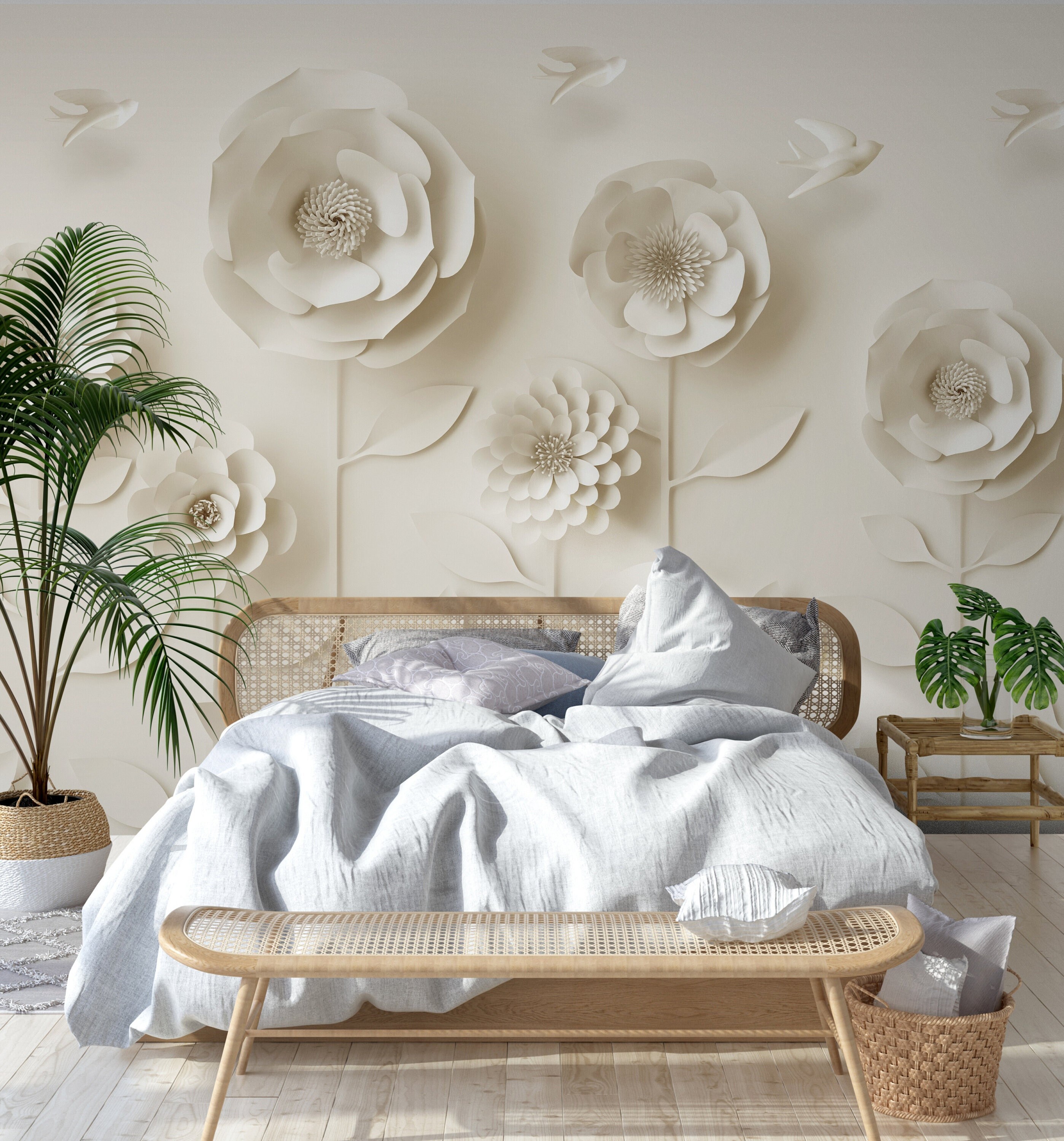 Big Flowers and Birds Wallpaper Wall Mural for Beautiful - Etsy