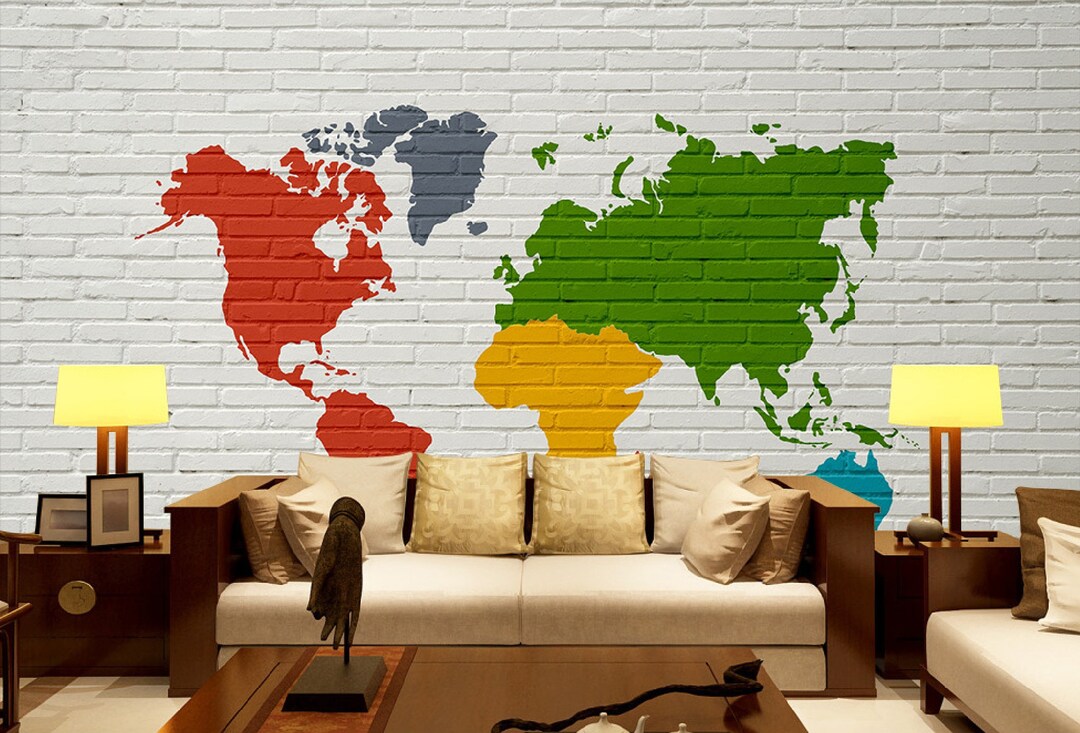Brick and World Map Wallpaper 3D Embossed Wall Mural Modern Home Decor ...