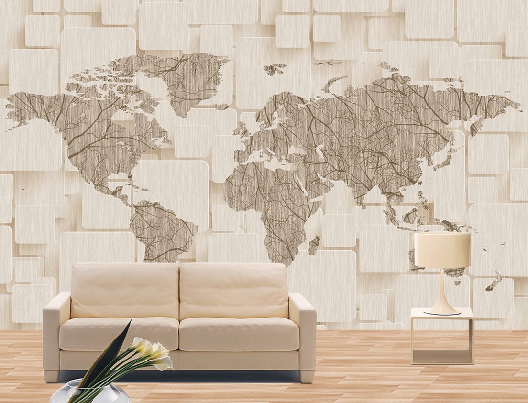 World Map Wallpaper 3D Embossed Wall Mural Modern Home Decor for Living ...