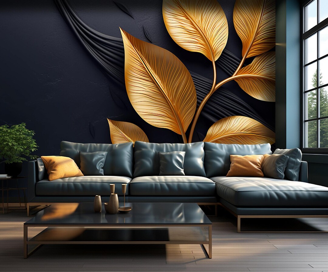 Elegant Gold Leaf & Jade Floral Wallpaper Mural – Dark Botanical Wall ...