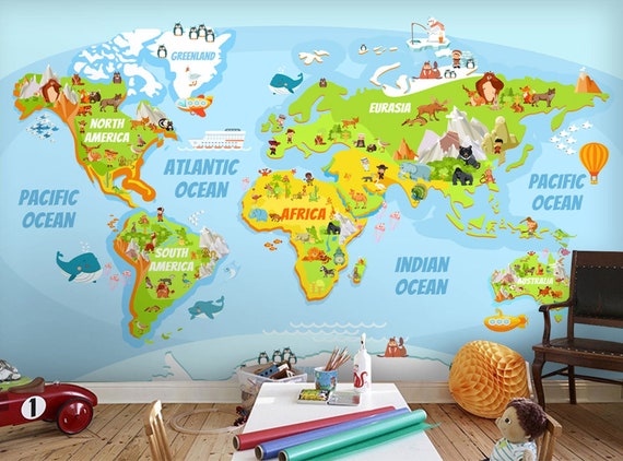 World Map Child Room Wallpaper Nursery Wall Mural Child Room | Etsy