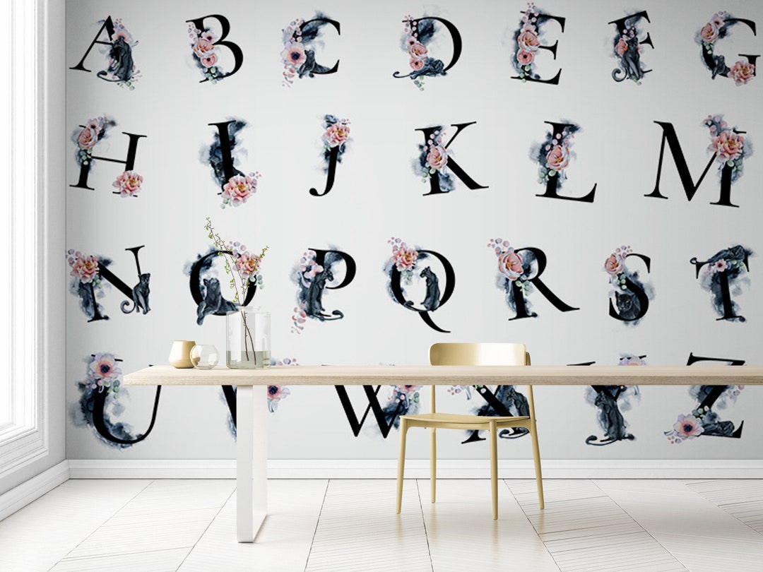Cat Alphabet Wallpaper Mural – Black Cat Letters With Watercolor Floral ...