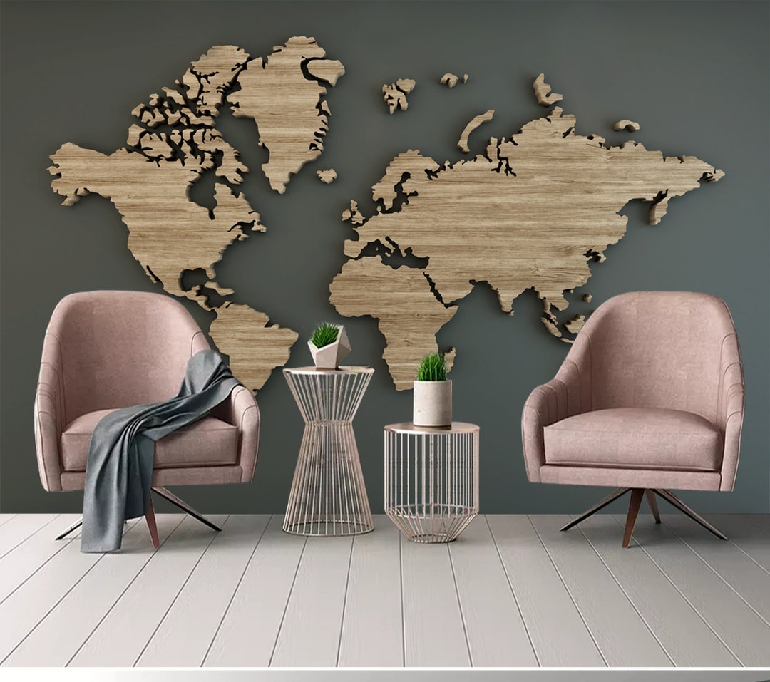 World Map Wall Mural , Beautiful 3D Wood Effect Wallpaper, Modern Home ...