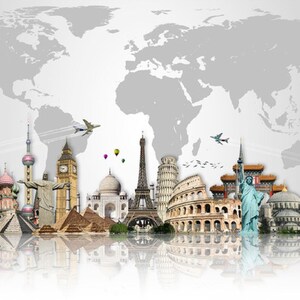 Famous Buildings World Map Wall Mural Modern Home Decor for Living Room ...