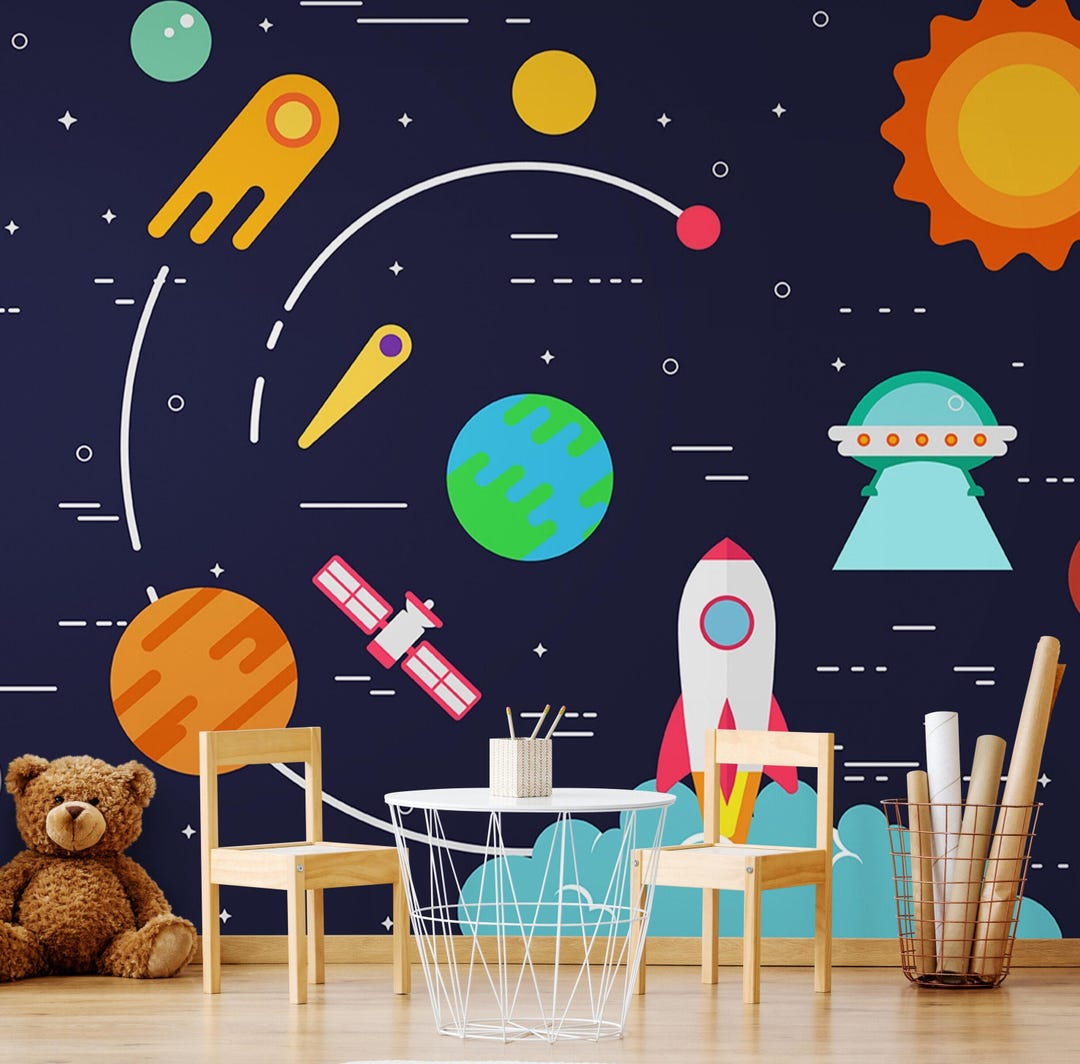 Outer Space Theme Wallpaper Mural – Colorful Rocket, Planet UFO Wall ...