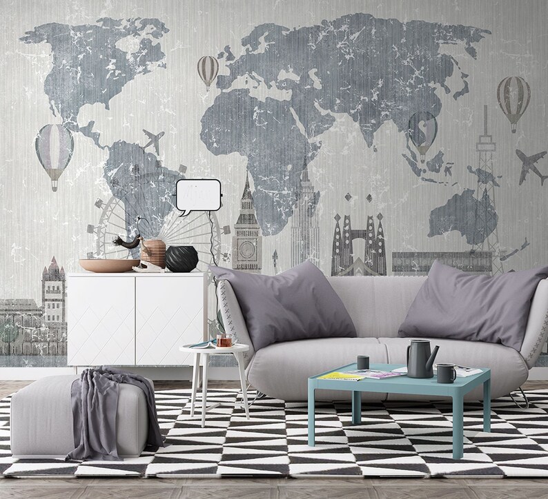 World Map Wallpaper Modern Wall Mural Home Decor for Living - Etsy