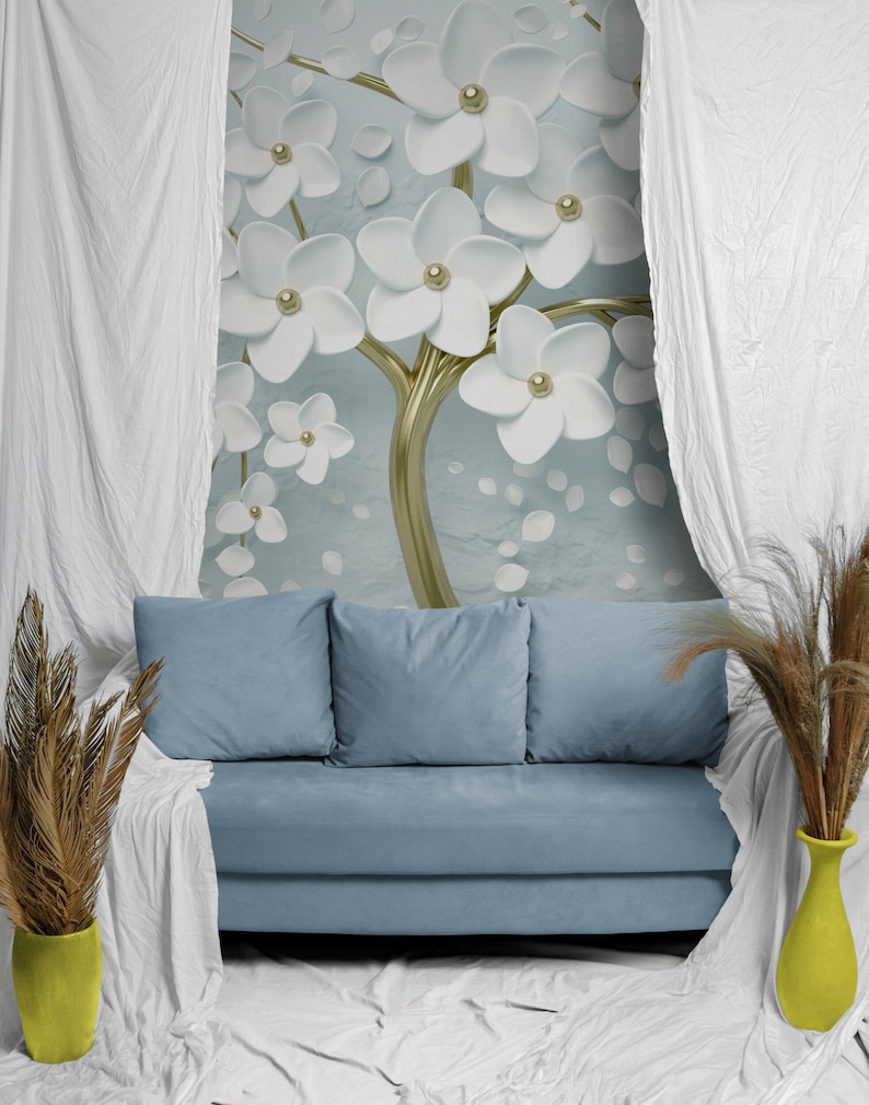 Luxury Floral Tree Wall Mural – White Flower Bedroom Wallpaper ...