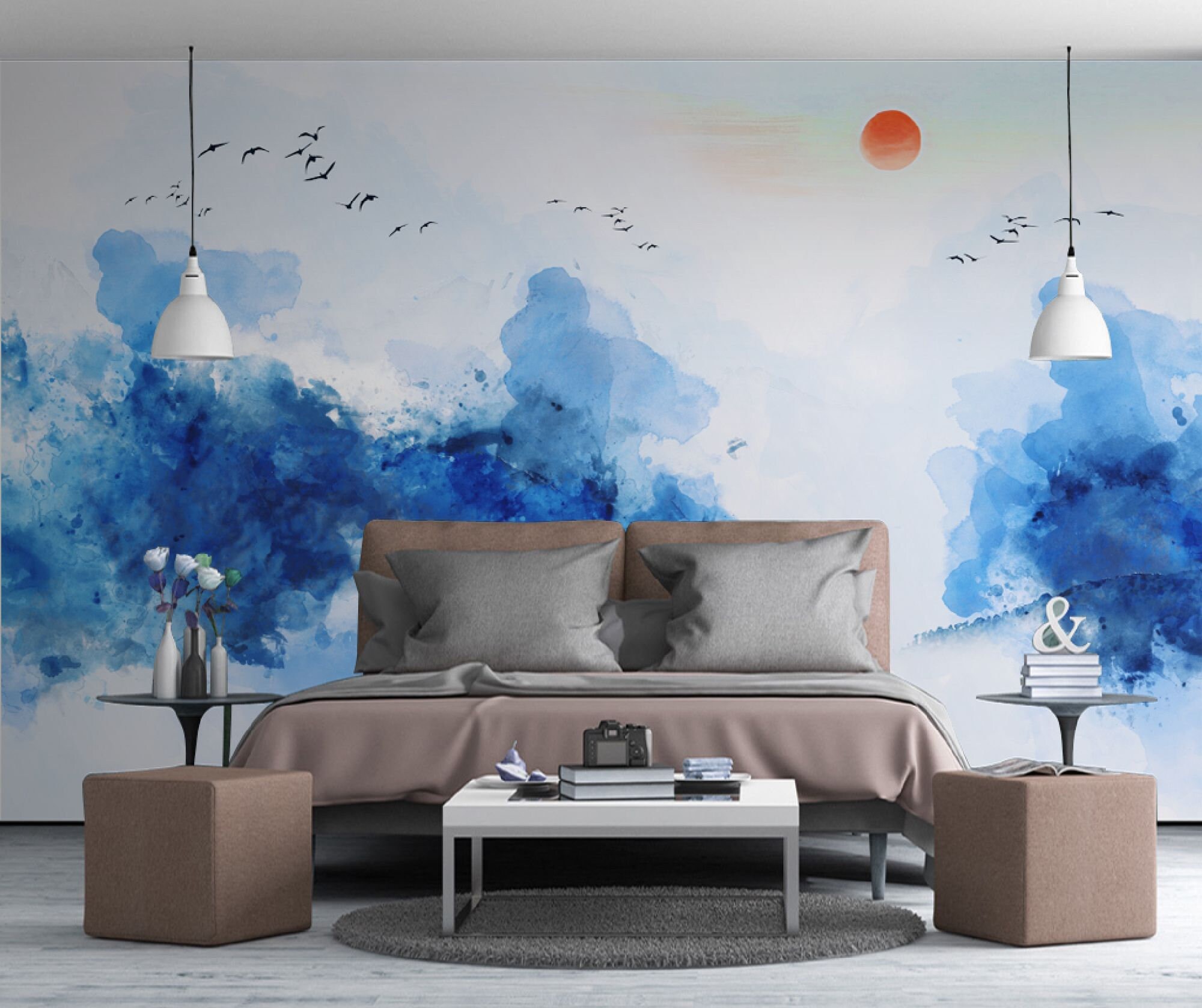 Blue Clouds Abstract Wallpaper Wall Mural Fabric Textile - Etsy