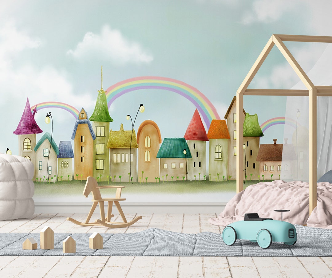 Rainbow Child Room Wallpaper Wall Mural, Colorful Cute Houses Kids Room ...