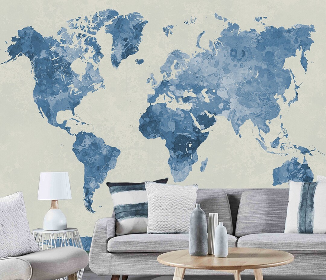 Abstract Blue World Map Peel and Stick Wallpaper Mural, Self Adhesive ...