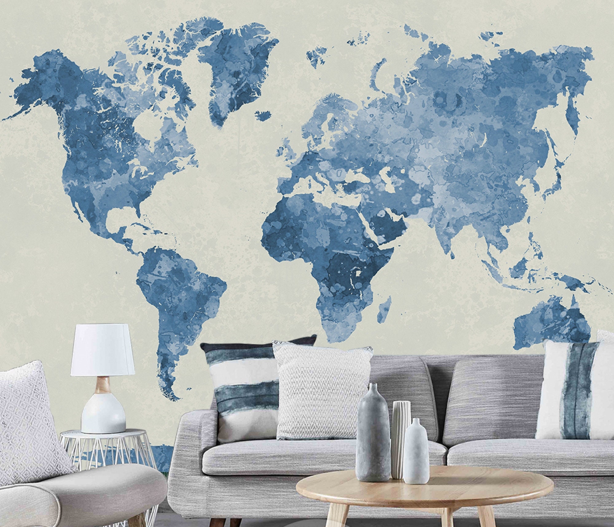 Abstract Blue World Map Peel and Stick Wallpaper Mural Self - Etsy
