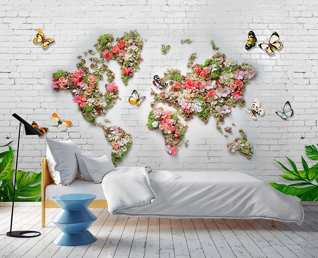 Floral and Butterfly World Map Wallpaper Modern Wall Mural Home Decor ...