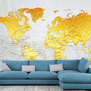 Gold World Map Wallpaper Modern Wall Mural Modern Home Decor for Living ...
