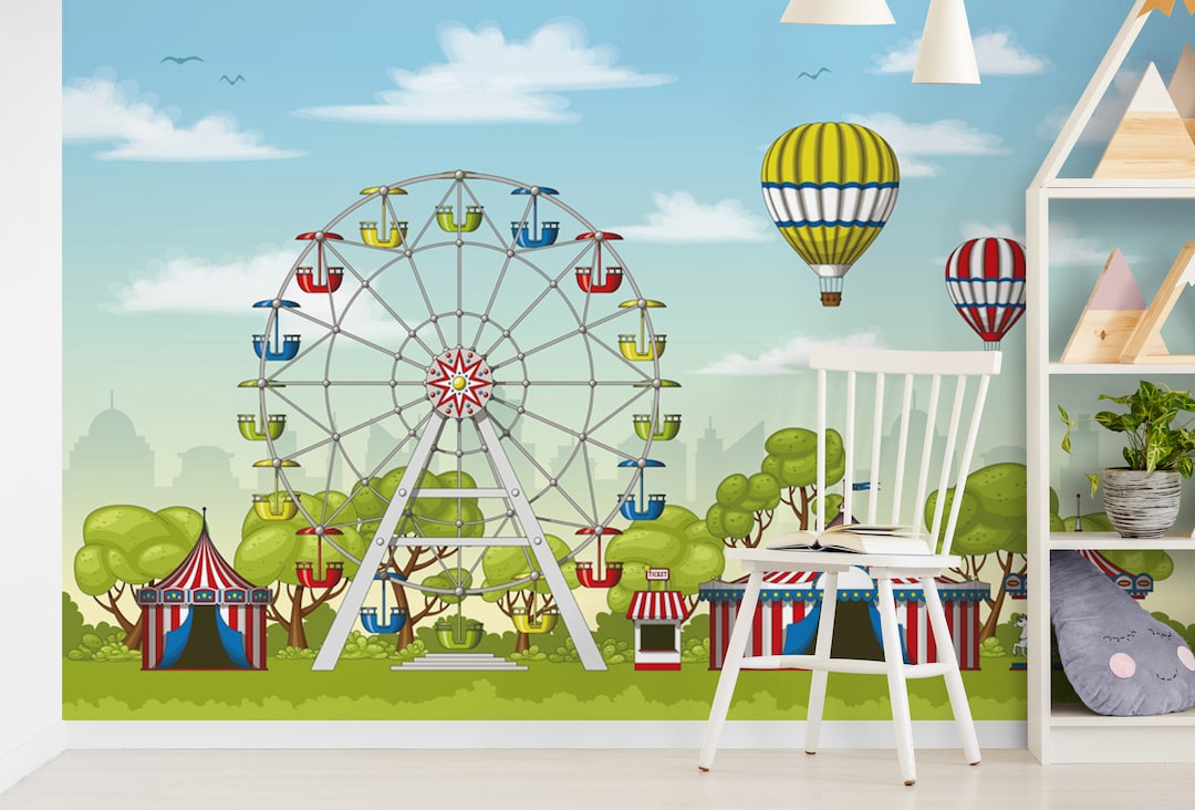 Child Room Theme Park Wallpaper Wall Mural, Funfair Kids Room Wall Art ...