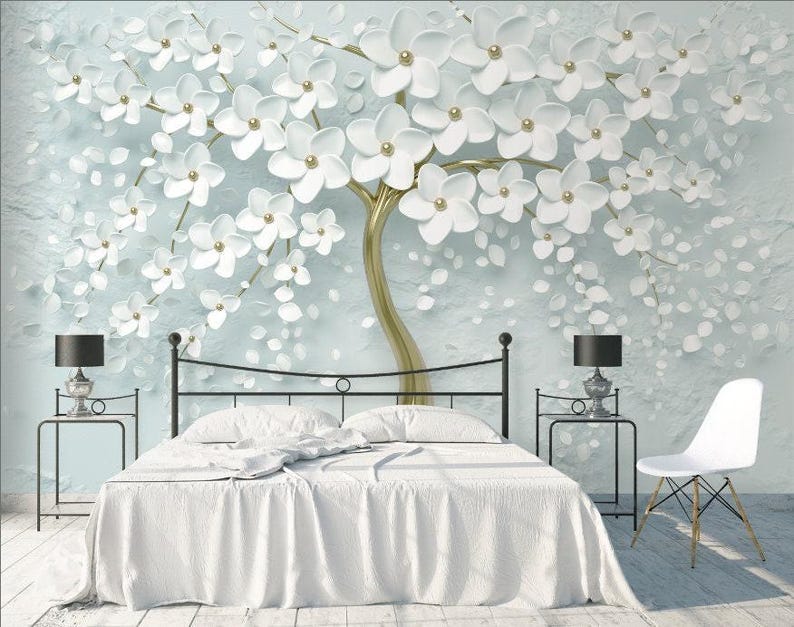 Luxury Floral Tree Wall Mural – White Flower Bedroom Wallpaper ...