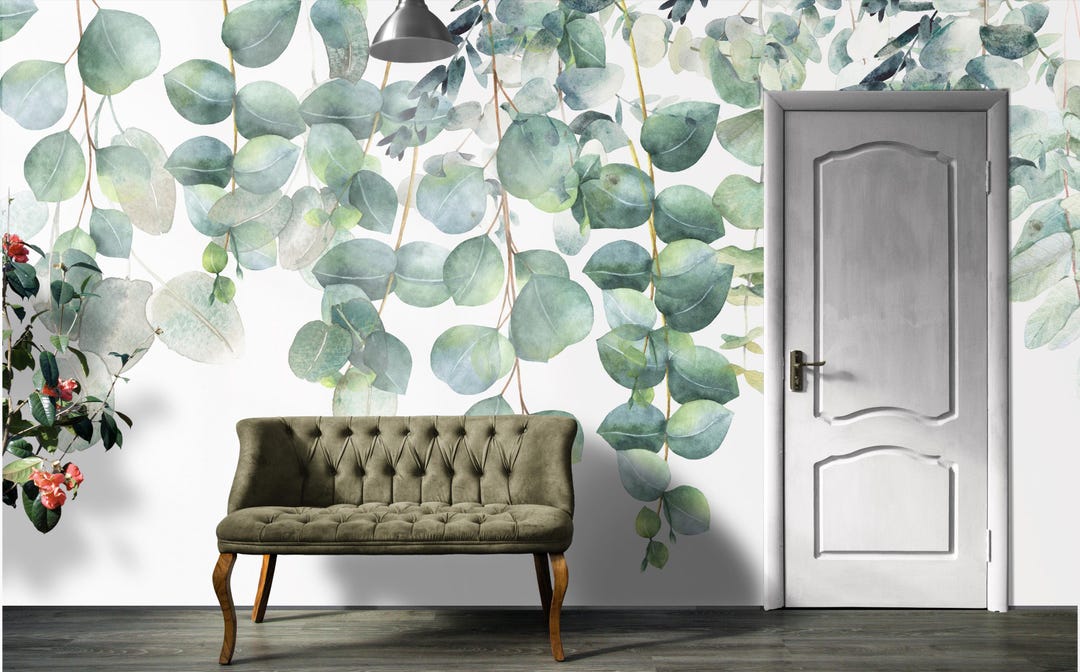 Watercolor Eucalyptus Wall Mural Hanging Greenery Botanical Wallpaper