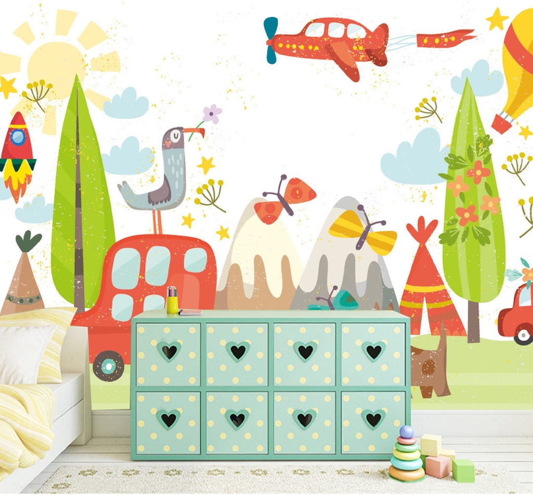 Cartoon Children Room Wallpaper, Nursery Wall Mural, Car, Animals, Air ...
